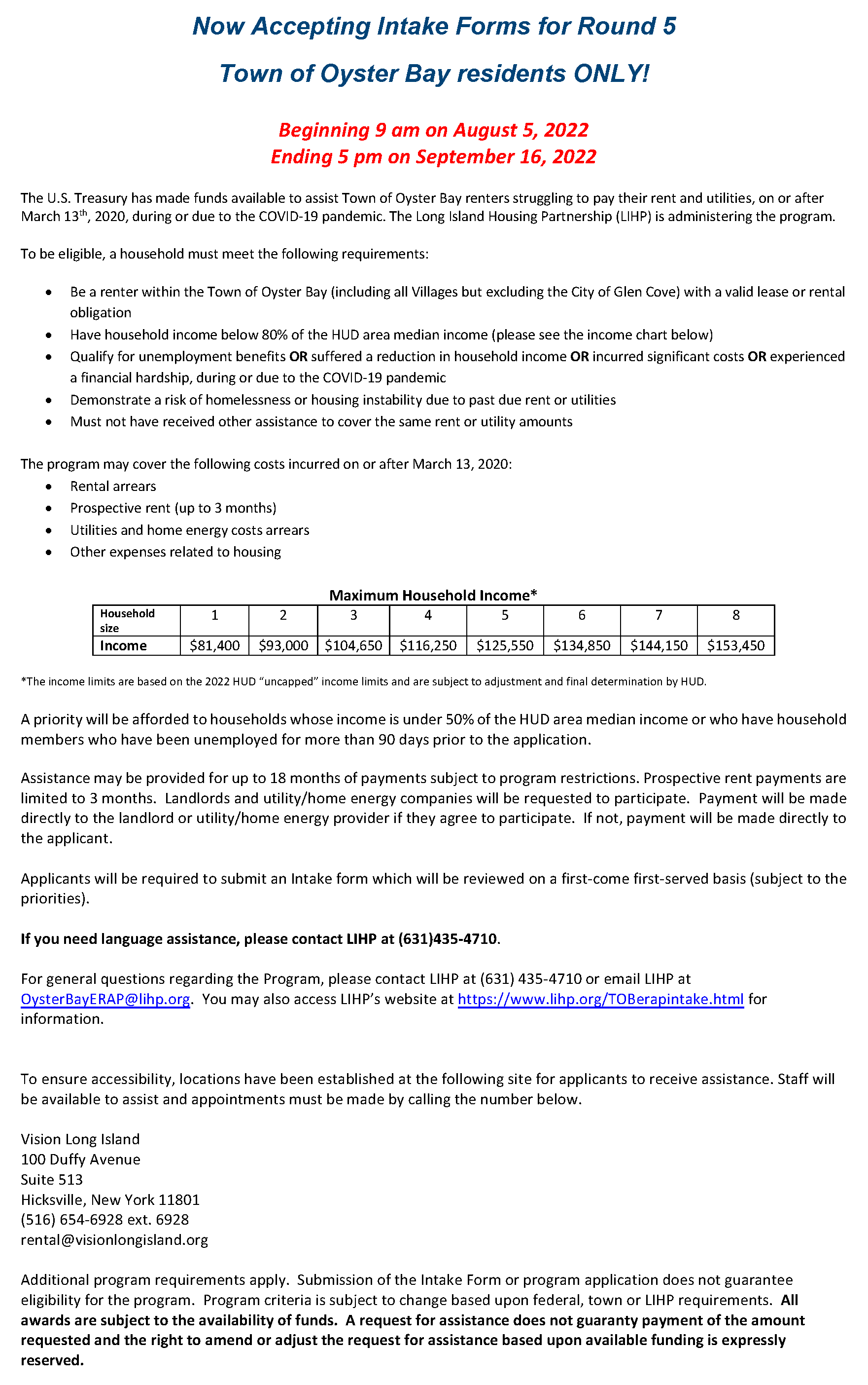 Town of Oyster Bay Emergency Rental Assistance program