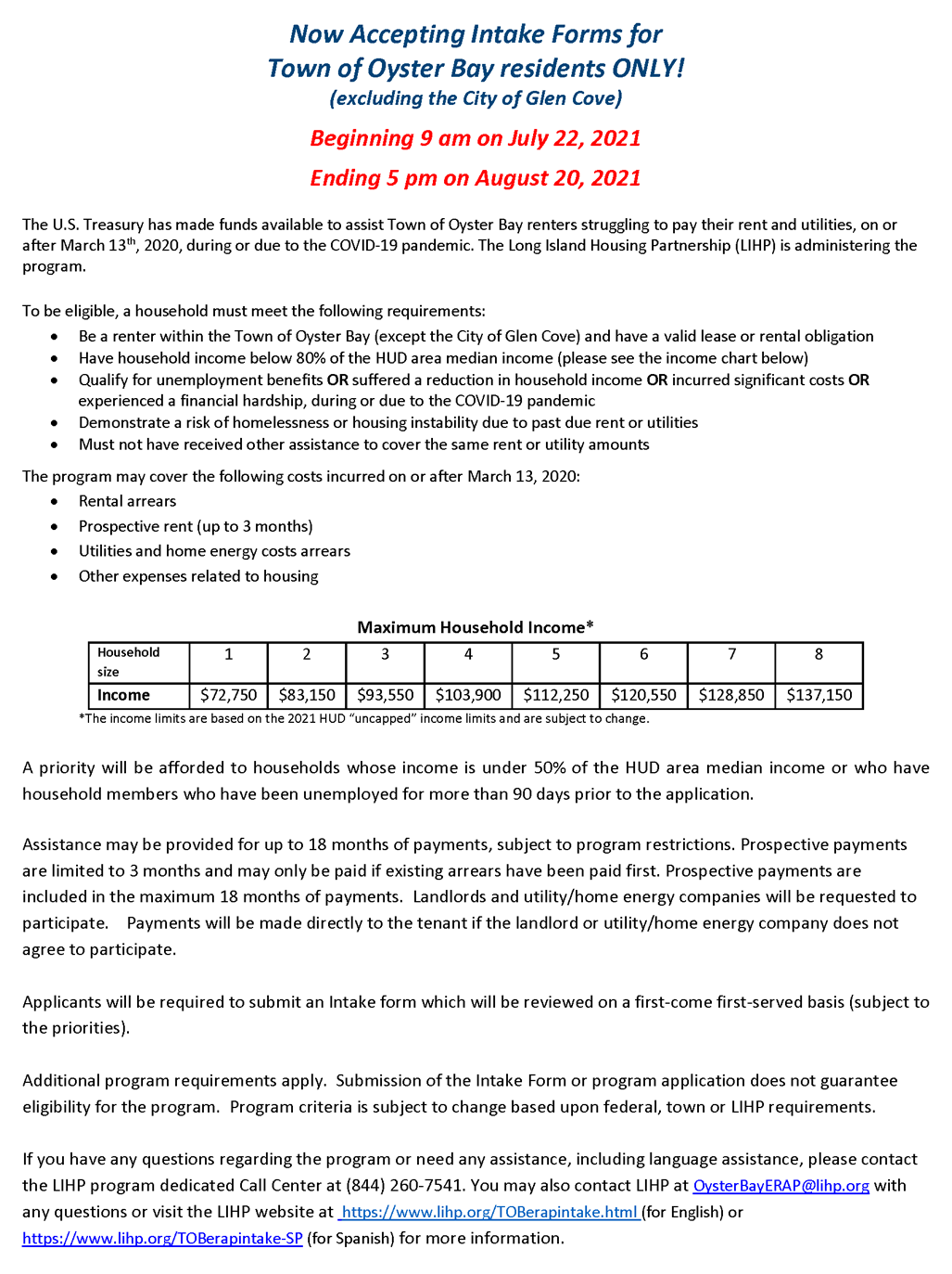 Town of Oyster Bay Emergency Rental Assistance program